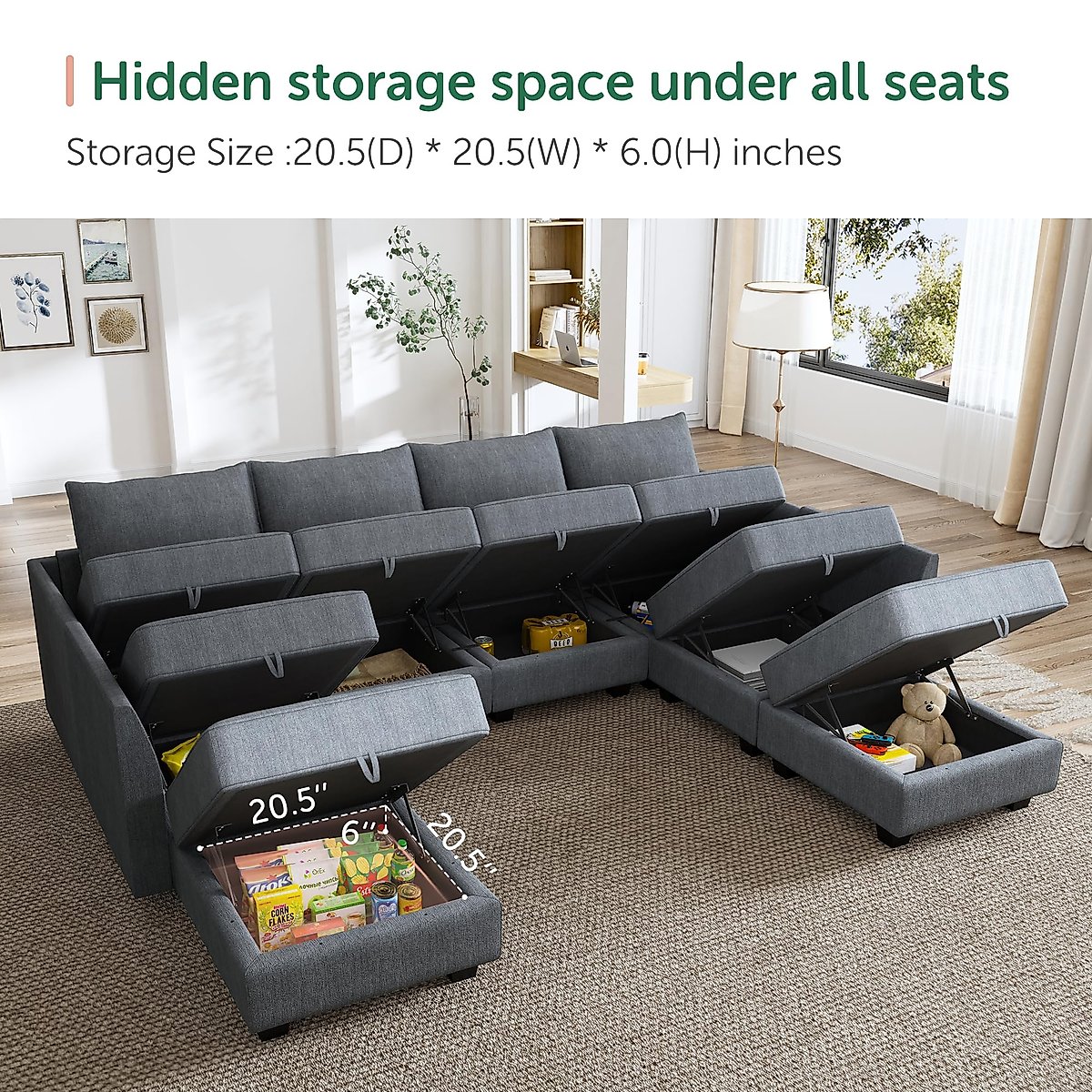 HONBAY Modular Sectional Couch U Shaped Sectional Sofa with Reversible Chaise Modular Sofa Couch with Storage Seat, Bluish Grey