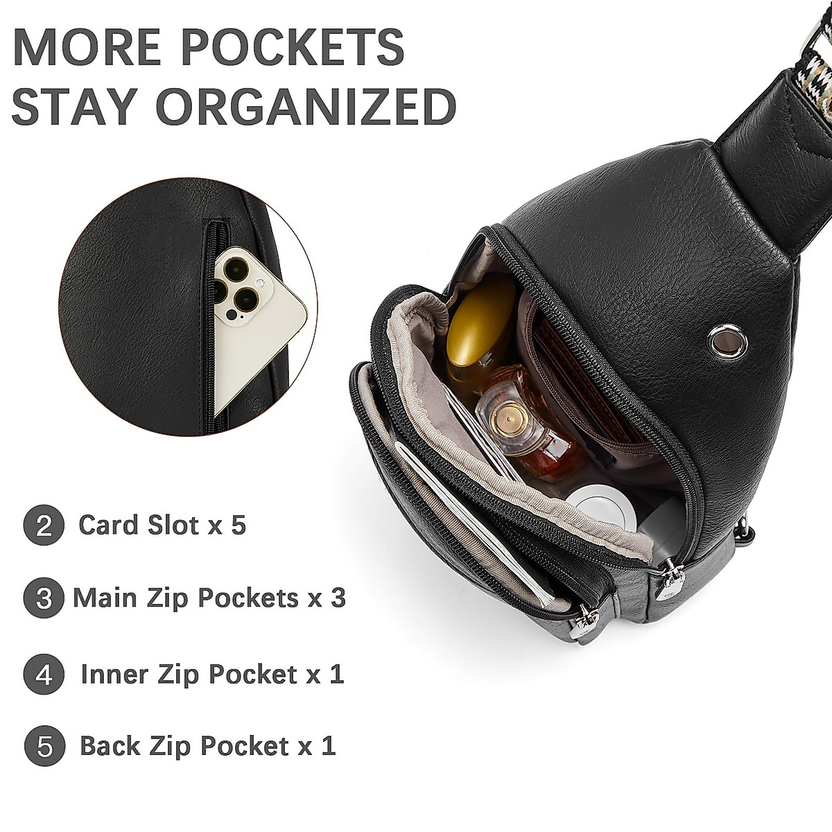 BOSTANTEN Sling Bag Cross Body Bag Trendy Leather Crossbody Purse Chest Bag with Adjustable Guitar Strap for Travel, Black