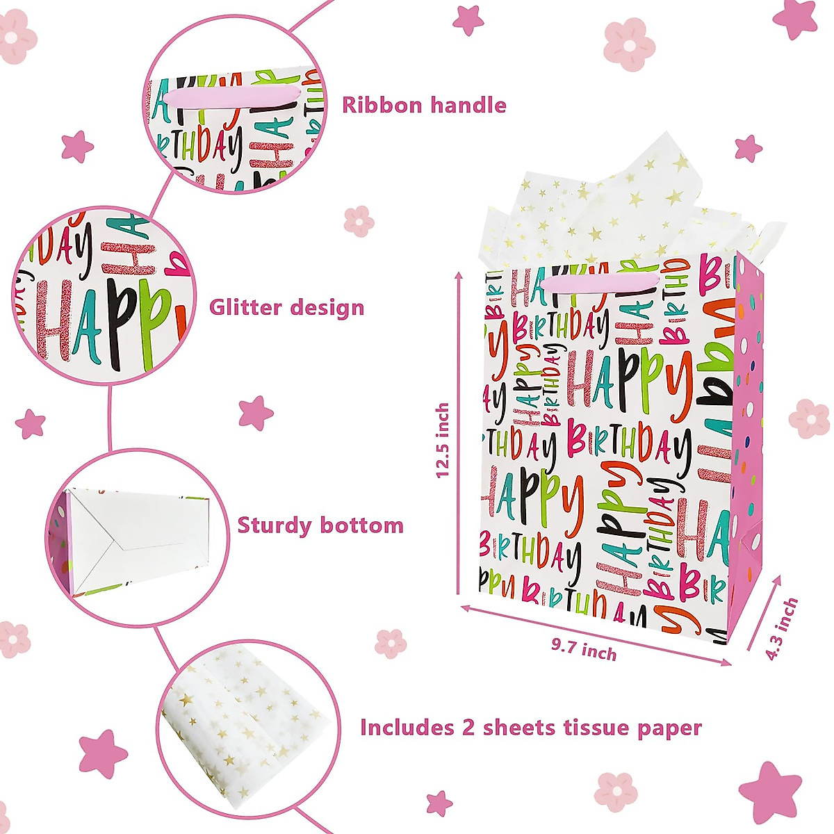 OFIHANLY 12.5" Medium Happy Birthday Gift Bag with Handles for Women,Paper Gift Bags for Her,Girls Kids Baby Shower Pink Paper Bag with Tissue Paper,1Pcs