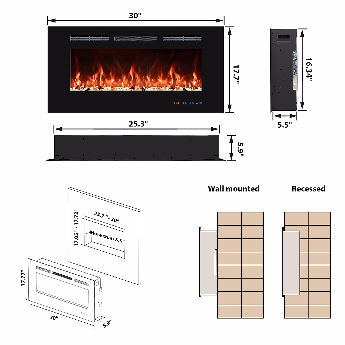 30" Electric Fireplaces Inserts, Recessed & Wall-Mounted Fireplace Heater with Thermostat, Multicolor Flames,Timer, Log & Crystal, 750/1500W