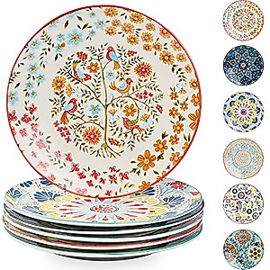 getstar 10.5” Ceramic Dinner Plates with Underglaze Assorted Patterns, Set of 6, Microwave & Dishwasher Safe, Colorful Porcelain Salad Pasta Dinner Plates Set of 6