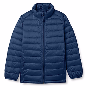 Amazon Essentials Boys' Lightweight Water-Resistant Packable Puffer Jacket, Navy, Large