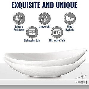 Bormioli Rocco Prometeo Set Of 6 Pasta Bowls, 9" X 7.75" Tempered Opal Glass, Clean White, Curved Design With External Textures Dinnerware.