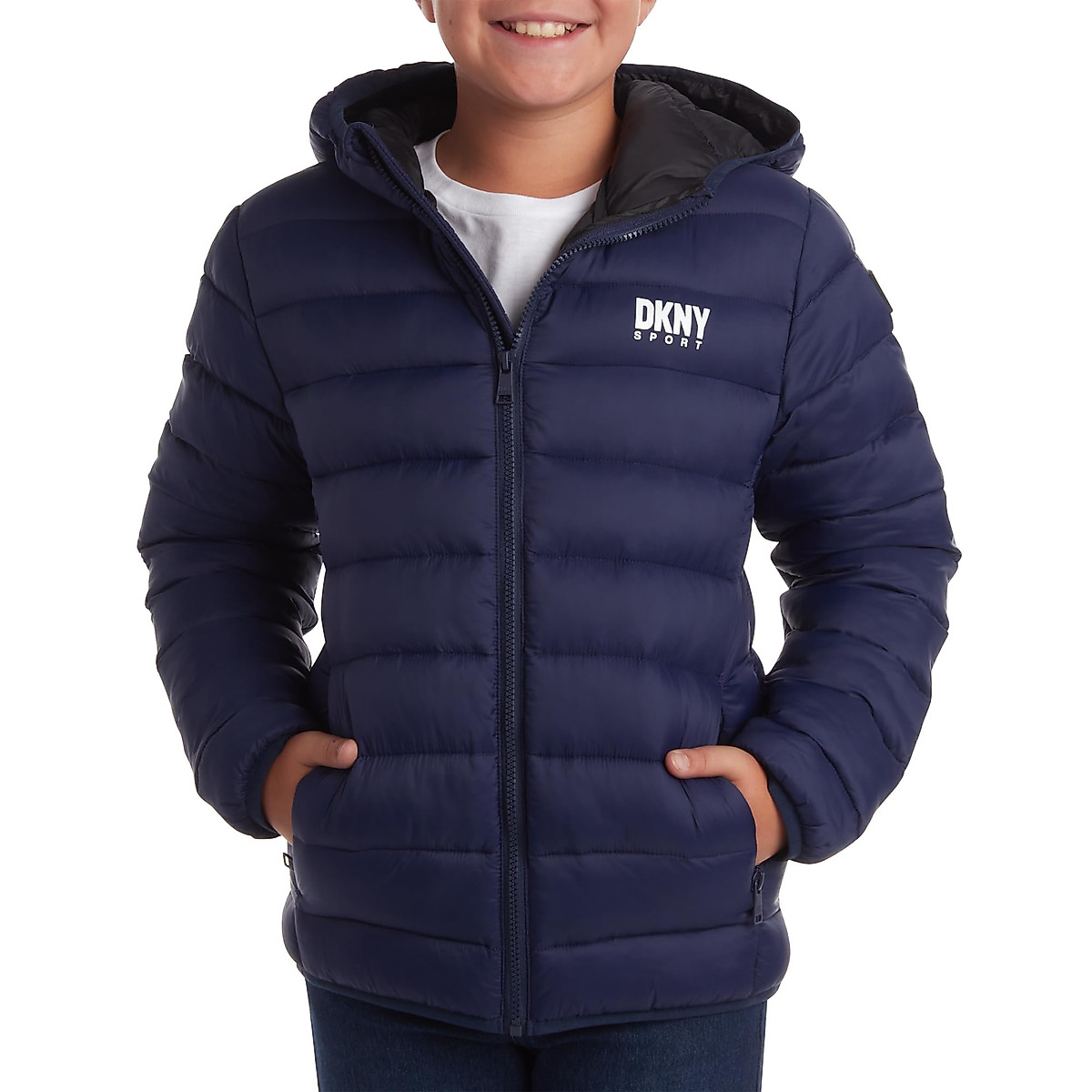 DKNY Boys Jacket – Midweight Insulated Quilted Outerwear Parka Puffer Coat – Water Resistant Boys Winter Hooded Jacket (8-20), Size 14-16, Navy Blue