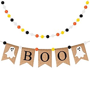 WATINC 2pcs Halloween Scary Boo Burlap Banner Ghost Pom Pom Garland Set, Happy Halloween Felt Ball Banner Hanging Decorations Thanksgiving Carnival Holiday Party Hang Bunting Decor for Home Wall