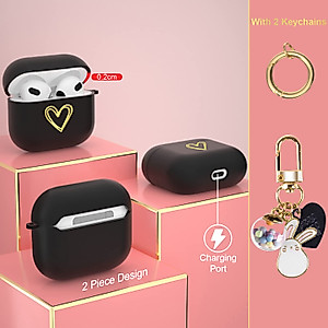 Aiiko for Airpod Case 3rd Generation with Cute Rabbit Lucky Ball Keychain Golden Heart Pattern Soft TPU Shockproof Protective Airpod 3 Case Cover for Girls Women-Black