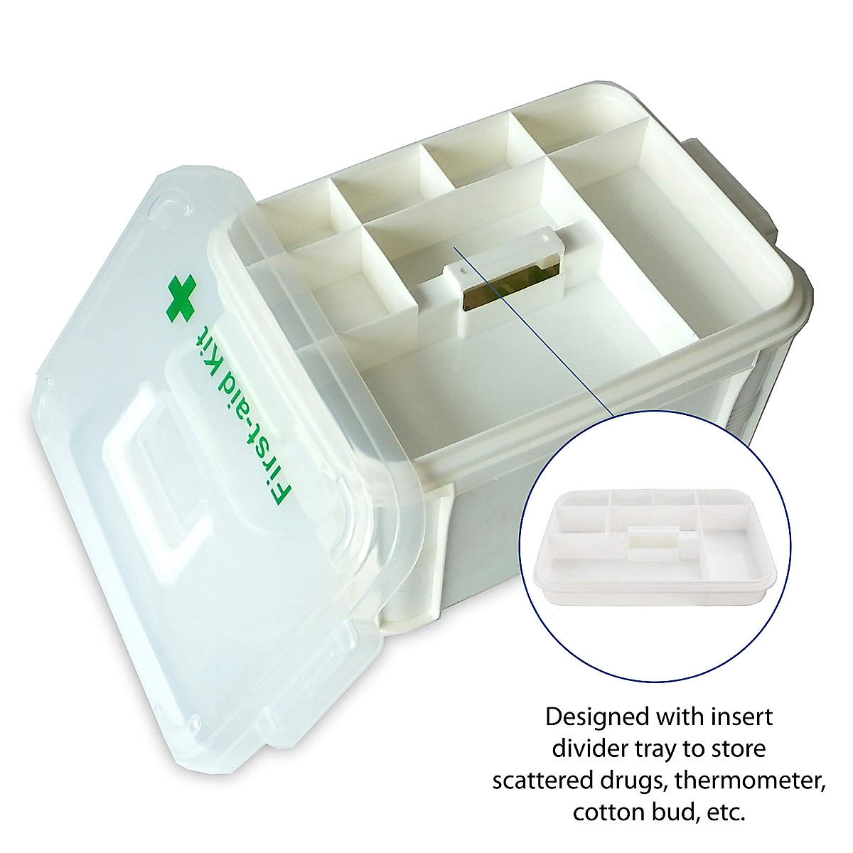 Portable handled medicine first aid box plastic medicine basic organizer holder. Family small safety emergency medical storage box kit travel, car, home, camping, office, vehicle + pill cutter (empty)