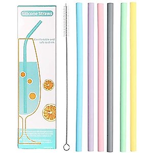 Silicone Straws Reusable Drinking Straw Pack-of-6 Soft Beverage Water Drink Straw -for 30oz and 20oz Tumblers 6Pcs Straws - Comes with 1 Cleaning Brush in All (1Box)