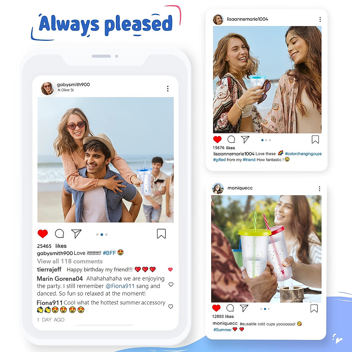 Meoky Confetti Color Changing Cups with Lids and Straws for Iced Coffee, Party, Pool - 6 Pack 24oz Reusable Plastic Tumblers for Kids and Adults