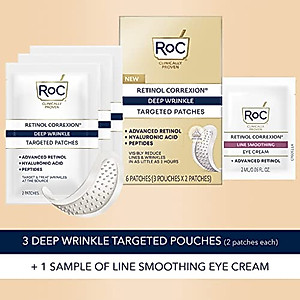 RoC Retinol Correxion Deep Wrinkle Non-Invasive Targeted Patches with Hyaluronic Acid + Firming Peptides for Forehead and Between Eyes, 3 Pouches of 2 Patches Each + 1 Packette of Eye Cream