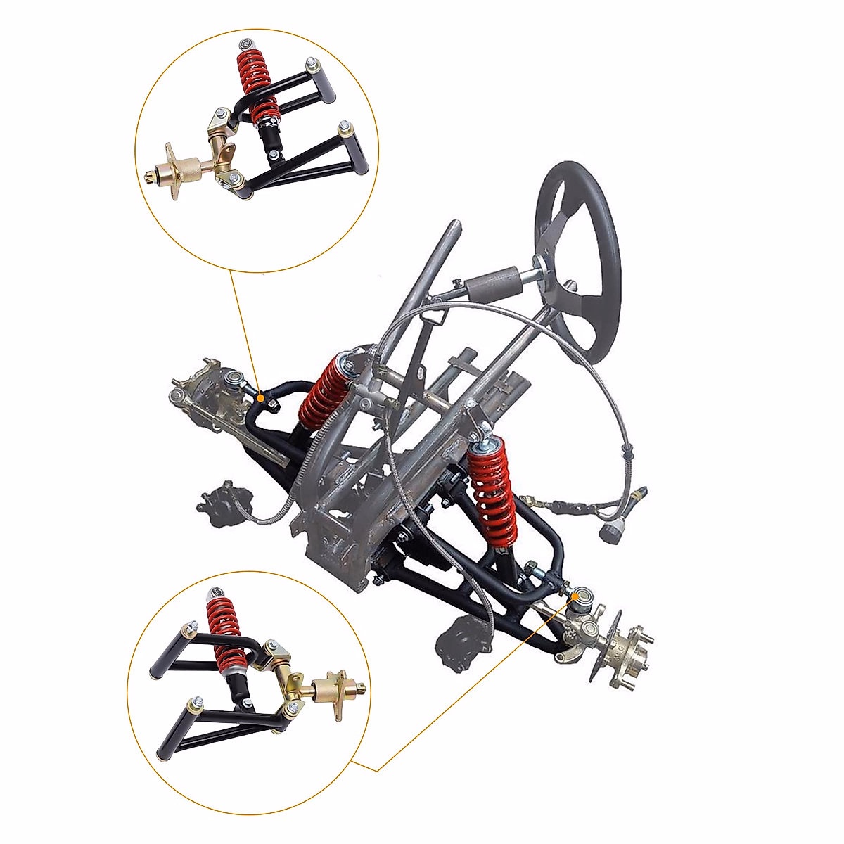 PIAOCAIYIN Front Suspension Arm Assembly Kit, Upper/Lower Swingarm Go Kart Front Suspension Kit, Go Kart Steering Kit, Suspension Shock Kit for Quad Bike Atv/Go Kart, 3 Holes Flange