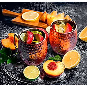 ARTISANS VILLAGE Moscow Mule Mugs | Set of 4 | Stainless Steel Lining | Pure Copper Plating | 100% Handcrafted Hammered Cups | Size 16 oz | With Premium Straws and Shot Glass