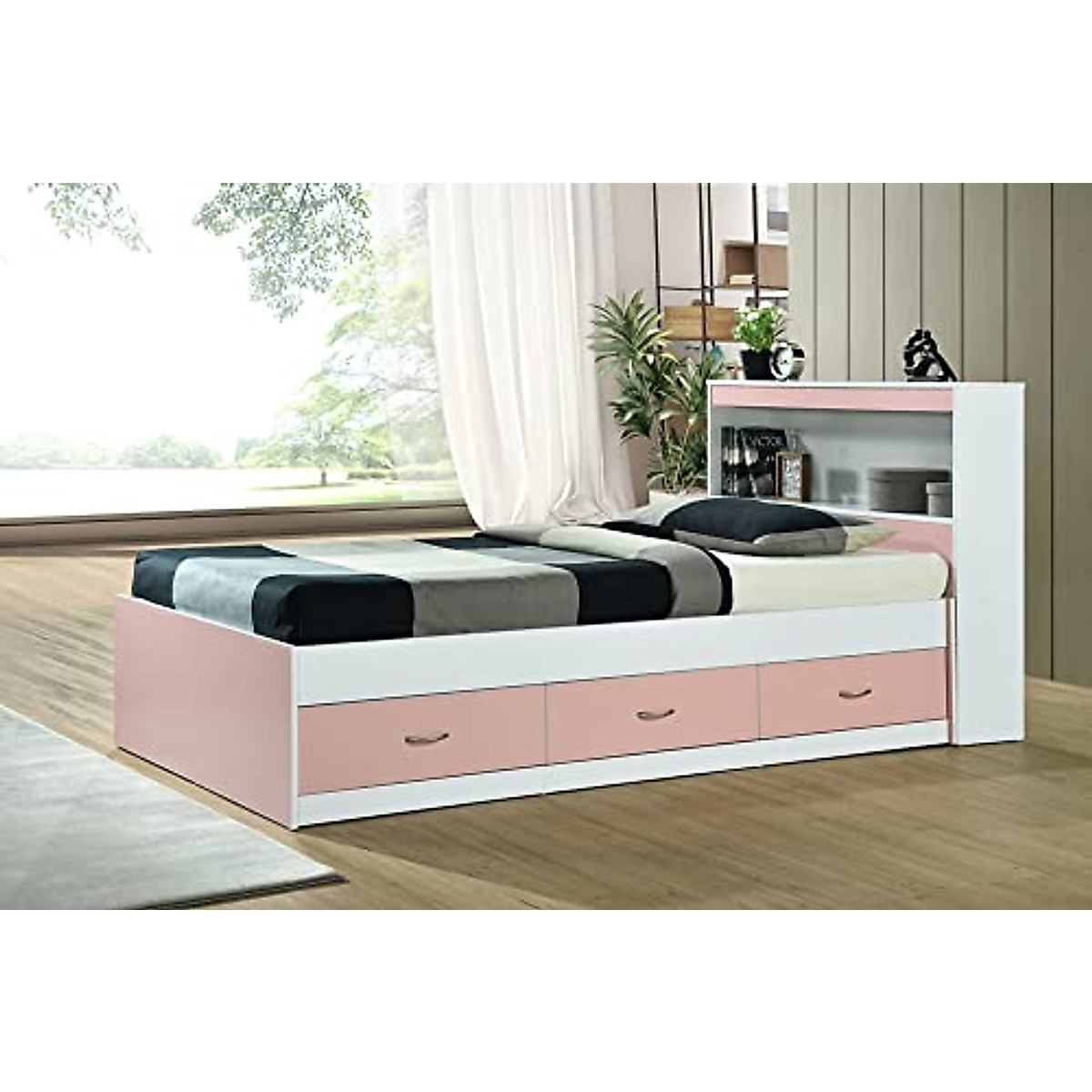 Hodedah Twin-Size Captain Bed with 3-Drawers and Headboard in Pink