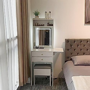 ARTETHYS Small Vanity Desk Set with 3 Adjustable Lighted Mirror and Storage Chair, Makeup Vanity Table for Small Space, White Dressing Table with Fold-up Panel for Bedroom