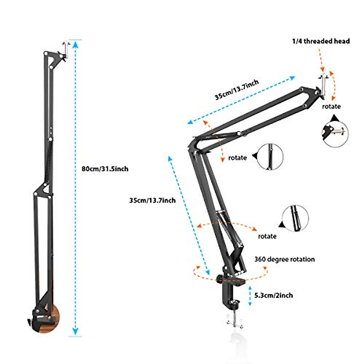 Overhead Tripod For DSLR Cameras, Heavy Duty Camera Desk Mount Stand with Flexible Articulating Boom Arm, Camera Holder Table Clamp for Canon Nikon Sony Fuji SLR Mirrorless Cam Video Photography
