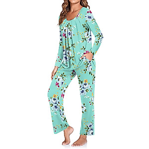 TAOHUADAO Women's Fall Pajamas Set with Pockets Soft Pants with Long Sleeve Top Ladies Sleepwear Plus Size Pjs Loungewear L, Mint Green