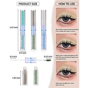 LYSdefeu 2 in 1 Long Lasting Glitter Liquid Matte Eye shadow, Green Blue Shimmer Liquid EyeShadow Kit – 3 Pcs High Pigmented Velvet Cream Eyeshadow Eyeliner Stick, Create Korean Eye Makeup
