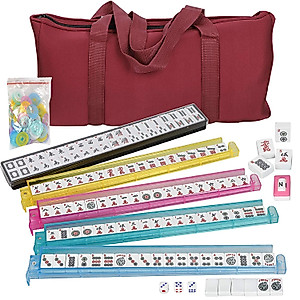 HNDTEK American Mah Jongg Mahjong Set 166 Tiles, 4 Colors All-in-One Rack/Pushers, Red Soft Bag and Accessories –Classic Full Size Complete Mahjongg Mah Jong Set