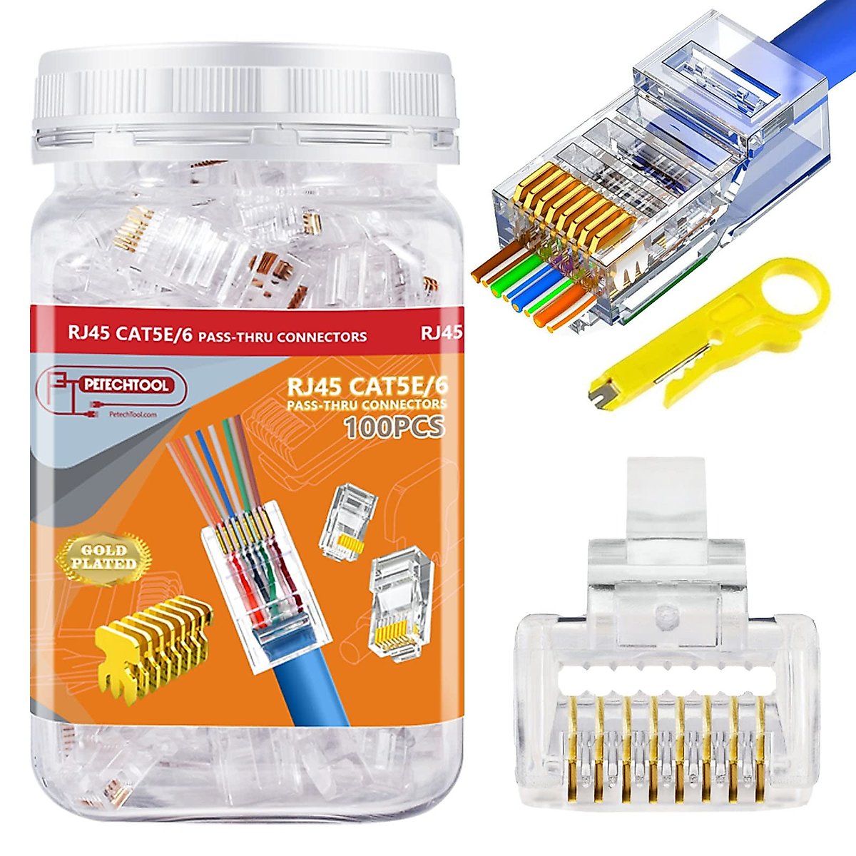 PETECHTOOL RJ45 CAT6 Connector End Pass Through Ethernet Cat6 Ends 8P8C Modular Plug for Solid or Stranded UTP Ethernet Cable （ 100 Packs - with Wire Stripper