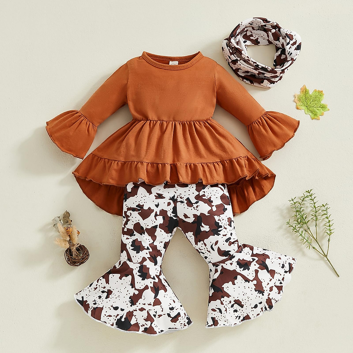 Emmababy Toddler Baby Girl Clothes Long Sleeve Cow Print OutfitT-Shirt + Flare Pants Bell-Bottom Tie Dye Leggings Set 0-4T (3PCS brown, 12-18 Months)