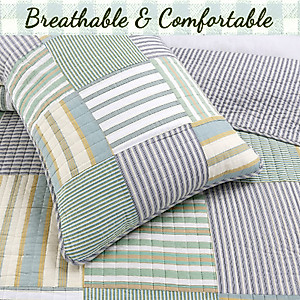 Cozy Line Home Fashions Green Yellow Blue Plaid Striped Real Patchwork 100% Cotton, Reversible Coverlet, Bedspread, Quilt Bedding Set (Green Patchwork, Twin - 2 Piece)