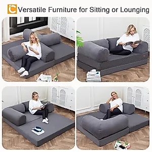 COMAX Futon Sofa Bed, 4-in-1 Floor Foldable Sofa Couch Bed Queen with L-Shaped Armrests, Convertible Folding Chair Bed Sleeper Mattress Fold Out Comfy Lounge for Living Room Bedroom, Dark Grey