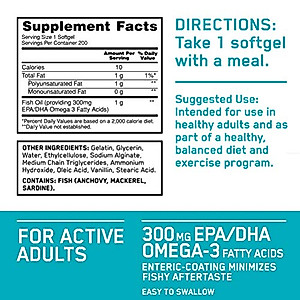 Optimum Nutrition Omega 3 Fish Oil, 300MG, Brain Support Supplement, 200 Softgels (Packaging May Vary)