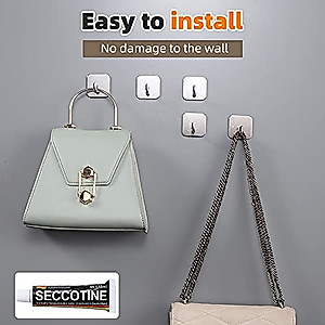 Keipc 4pcs Heavy Duty Self Adhesive Wall Hooks, 304 Stainless Steel Coat Shower Towel Clothes Hooks, Stick on Wall Hooks for Kitchen Bathroom Toilet, No Drill No Screw, Waterproof (Burnish Silver)