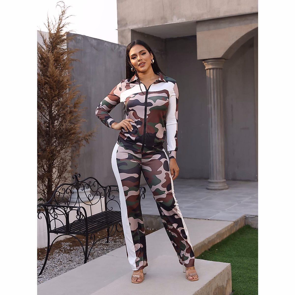 Adogirl Womens Two Piece Outfits Zipper Up Pattern Print Long Sleeve Jogging Weat Suits Matching Jogger Long Pants Set