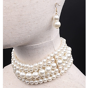 Wekicici Pearl Necklace Earrings Set Multi-Layer Pearl Choker Necklace Costume Accessories for Women