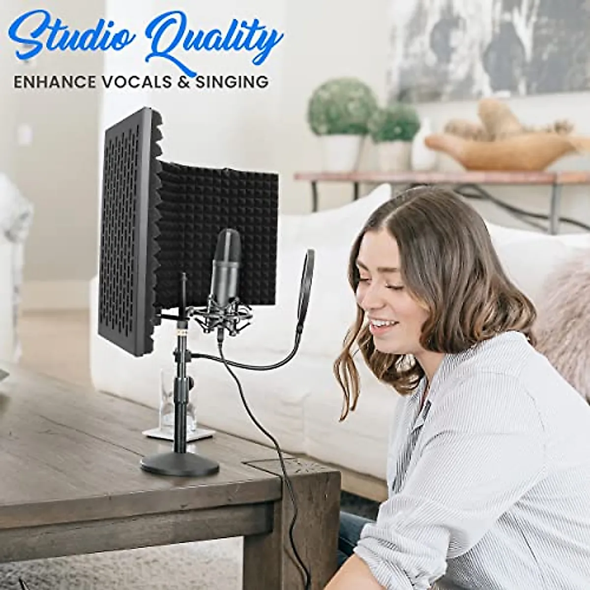 PyleUsa Microphone Isolation Shield, 5 Panel Acoustic Vocal Sound Dampening Noise Absorb Record Studio,1.6" Foam,Adjust Mic Depth,Removable Shock Mount, ⅝" Threaded,Podcast,Sing and Broadcast-1 set