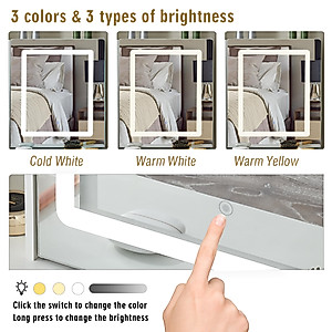 Logimiz Vanity Desk with Mirror and Lights-3 Colors and Brightness Adjustable, Girls Makeup Vanity with Hiding Shelves, White Vanity Set with Cabinets, Drawers and Cushioned Stool