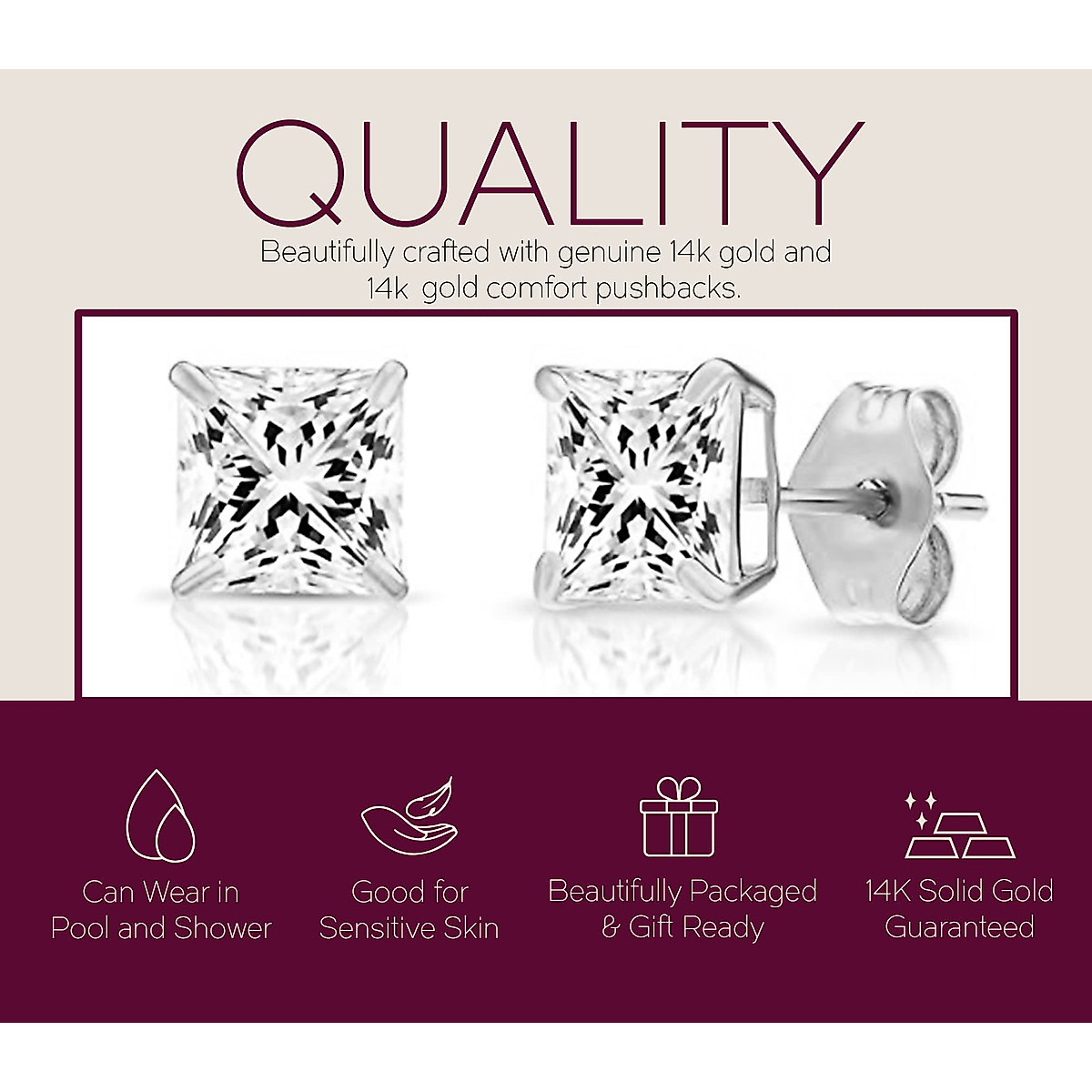 14k Solid Gold PRINCESS Stud Earrings Square Cubic Zirconia Princess-cut CZ Unisex Studs, 14kt White Gold (5mm)