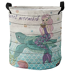 WPYYI Turtle Mermaid Marine Wood Plank Texture Dirty Laundry Basket Foldable Home Organizer Basket Clothing Kids Toy Storage Basket (Color : A, Size : Small)