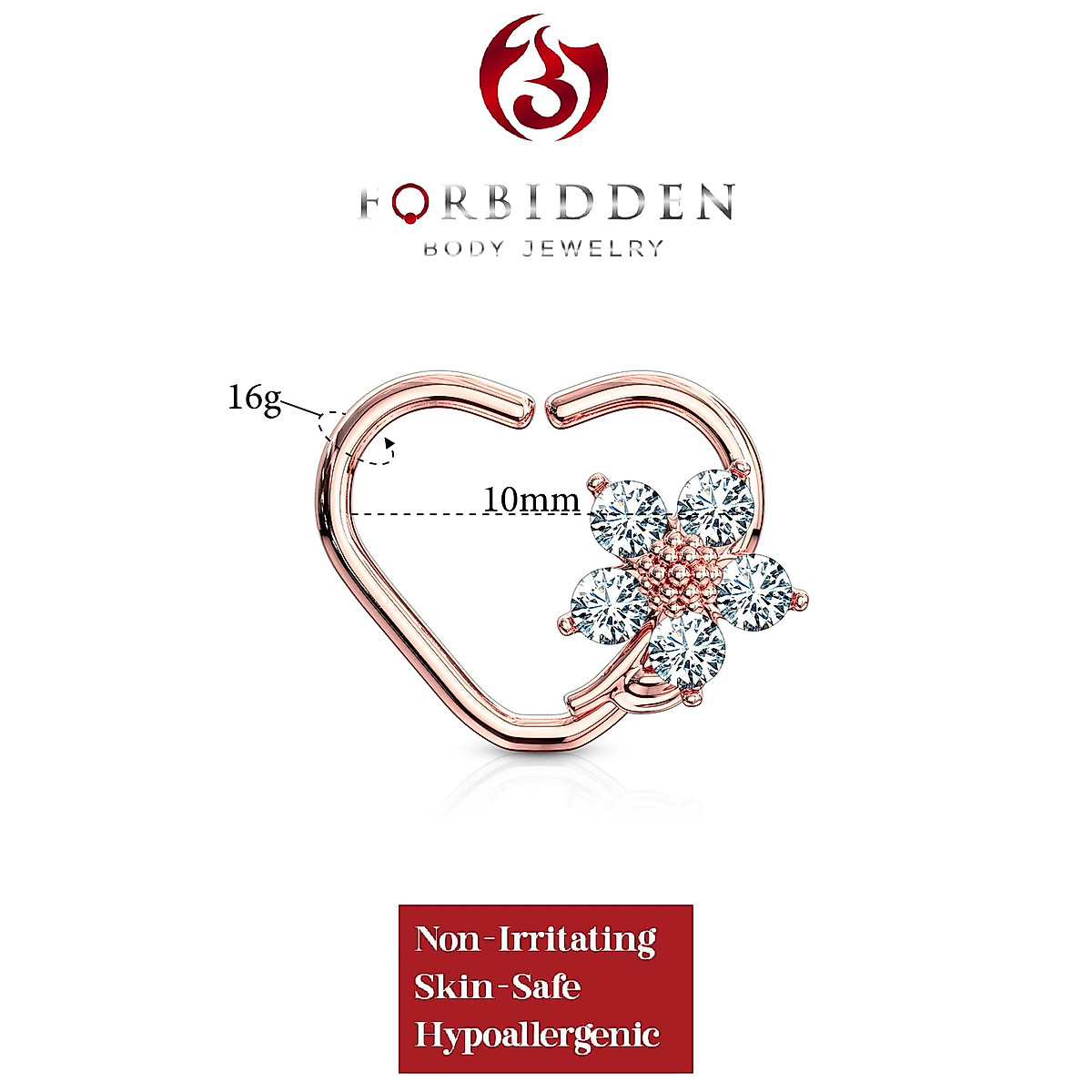 Forbidden Body Jewelry Rose Gold Plated Heart w/CZ Flower Daith & Cartilage Hoop Earring (Left Ear)