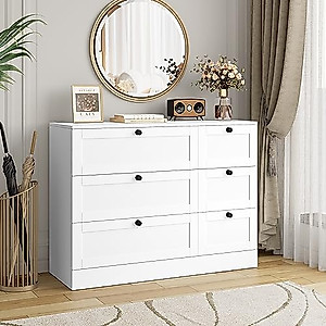 HOSTACK 6 Drawer Double Dresser, White Dresser Chest of Drawers, Wide 6 Drawer Chest, Wood Dresser Storage Cabinet with Deep Drawers for Living Room, Hallway, Entryway, White