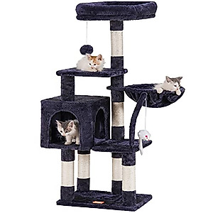 Heybly Cat Tree with Toy, Cat Tower condo for Indoor Cats, Cat House with Padded Plush Perch, Cozy Hammock and Sisal Scratching Posts, Smoky Gray HCT004SG