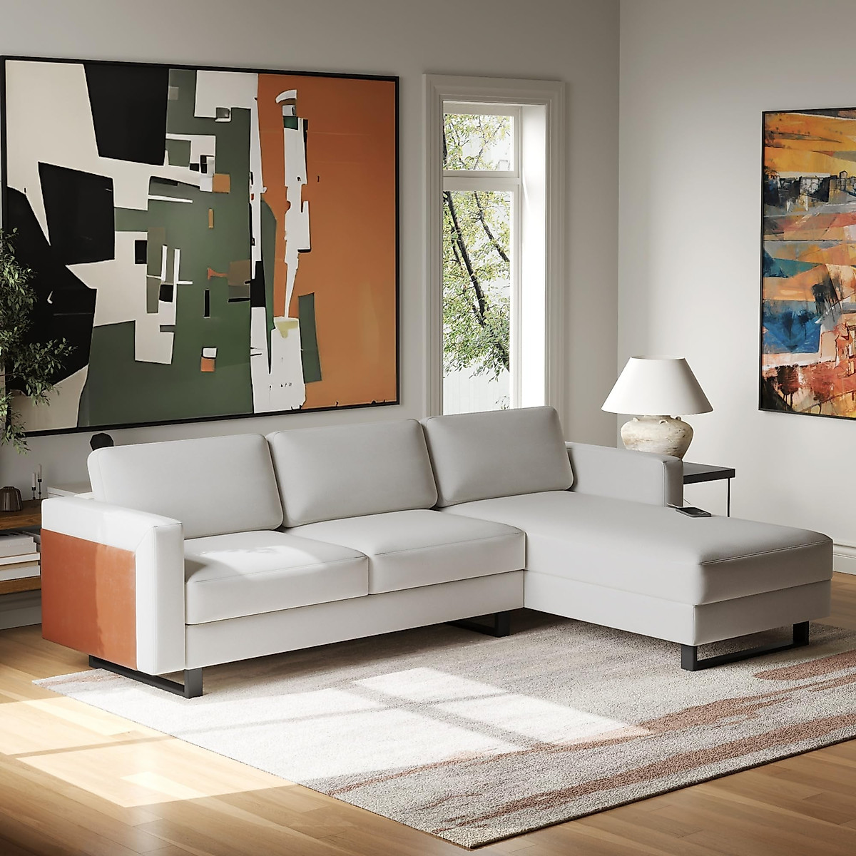 DEINPPA L Shaped Sofa Couch with Charging Port, Convertible Sectional Sofa with Linen Fabric, Modern Couch with Reversible Chaise for Living Room and Small Space, Beige