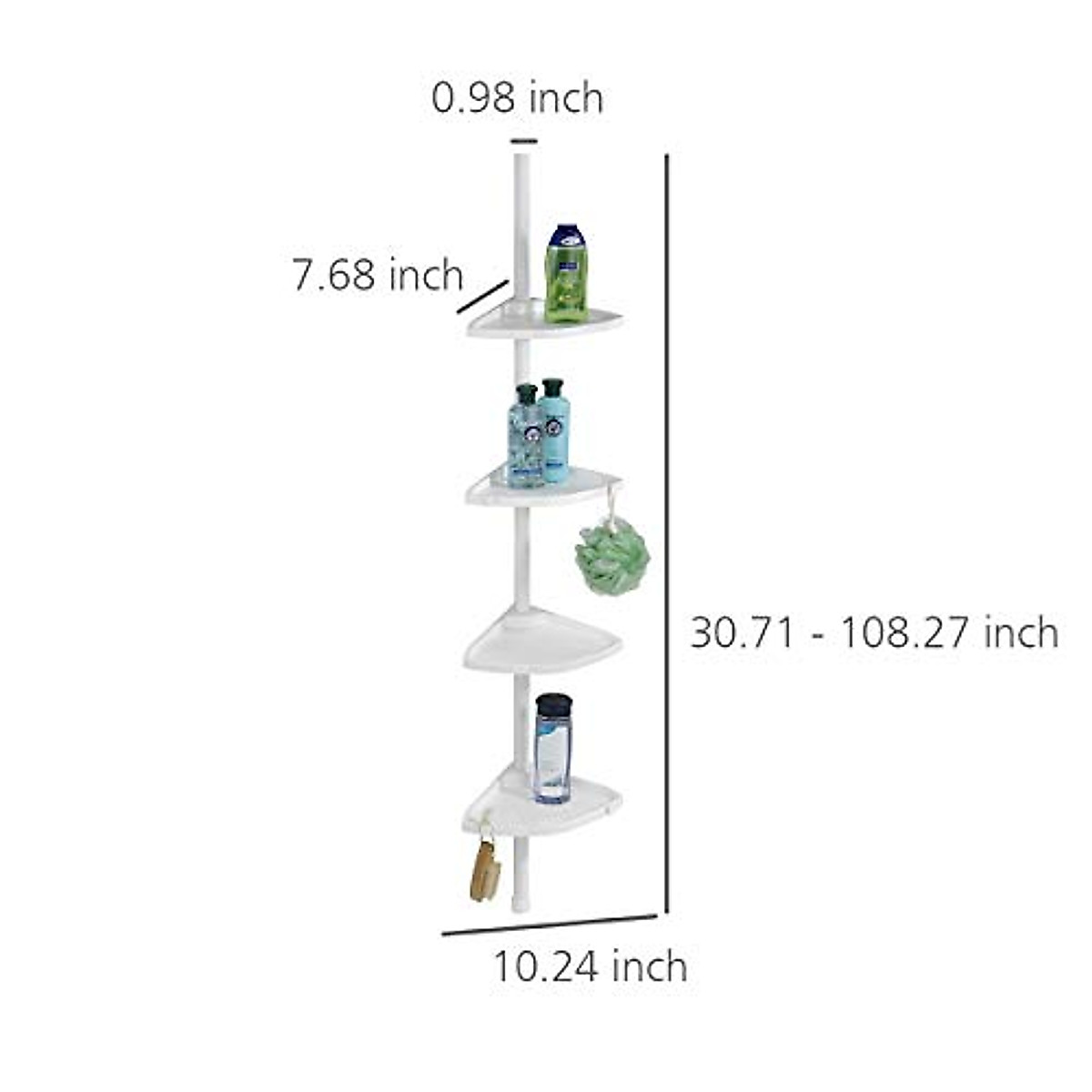 WENKO, White, Tension Pole, Caddy, Corner Shower Storage, 4 Shelves, 4 Hooks, Dimensions 10.2 x 30.7-108.3 x 7.7 108.3 x 7.7 inch