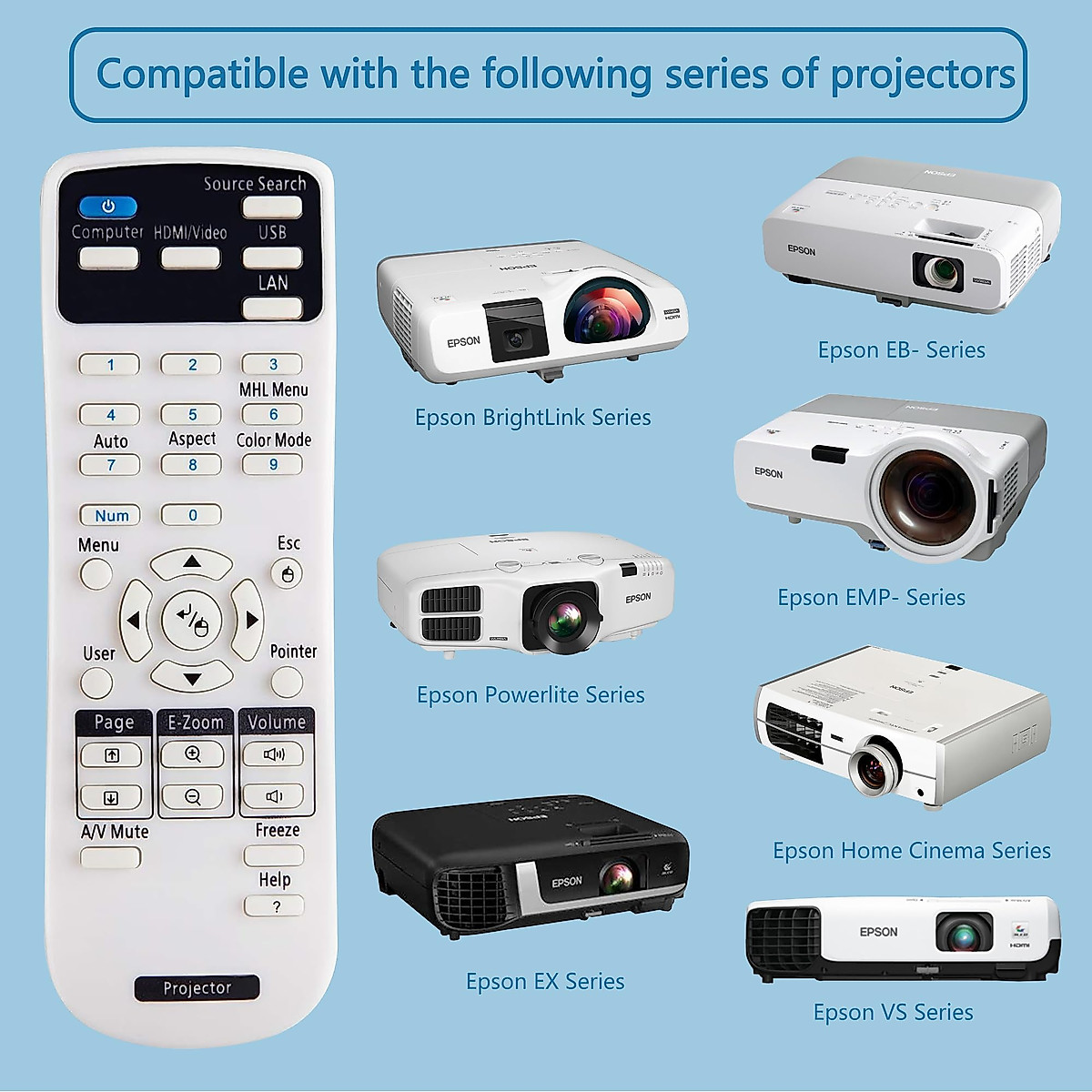 MYHGRC Projector Remote Control for Epson Projector PowerLite E20 119W X49 W49 118 982W 1288 EB-720 EB-L200X EB-L520U BrightLink 1480Fi 1485Fi EB-725Wi 735Fi 725Wi EX3280 Home Cinema 880 880X