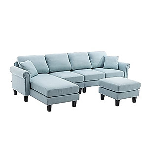Convertible Sectional Sofa Couch, U Shaped Modular Accent Sofa with Ottoman and 2 Pillows and Solid Wood Legs, Modern Fabric Upholstered Sofa Set, for Living Room, Lounge, Light Blue