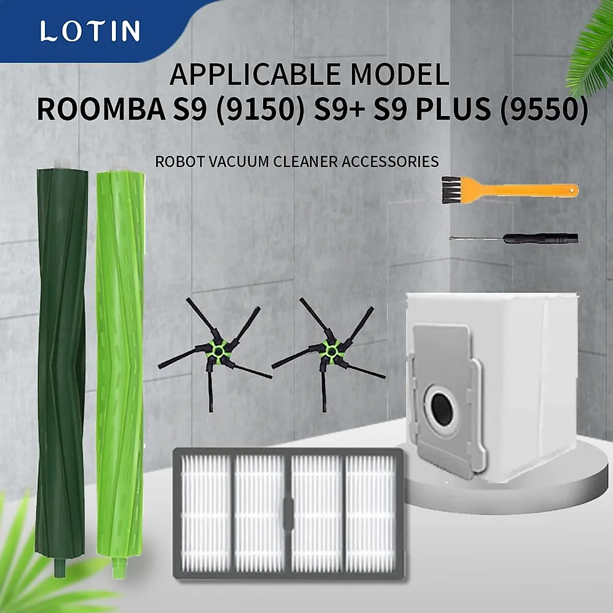 LOTIN Replacement Parts Kit Compatible with Roomba s9(9150),s9+(9550), Series Vacuum Cleaner.Pack of 2 Set of Multi-Surface Rubber Brushes,8 Side Brushes,8 Filters,10 Dust Bags,2 Tools …