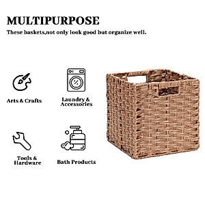 DULLEMELO Wicker Baskets for Shelves 11x11 Foldable Plastic Woven Cube Storage Bins Set of 4 Waterproof Woven Storage Bins with Handles for Pantry,Closet, Cabinet, Toys - Brown