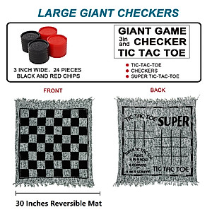 Win SPORTS 3 in 1 Giant Checkers,Mega Tic Tac Toe,Indoor Outdoor Jumbo Classic Board Games,30”Reversible Rug with 24 Checkers Pieces,Checkers Cloth Mat Game for Travel,Family Party,BBQ