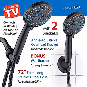 AquaCare High Pressure 8-mode Handheld Shower Head - Anti-clog Nozzles, Built-in Power Wash to Clean Tub, Tile & Pets, Extra Long 6 ft. Stainless Steel Hose, Wall & Overhead Brackets