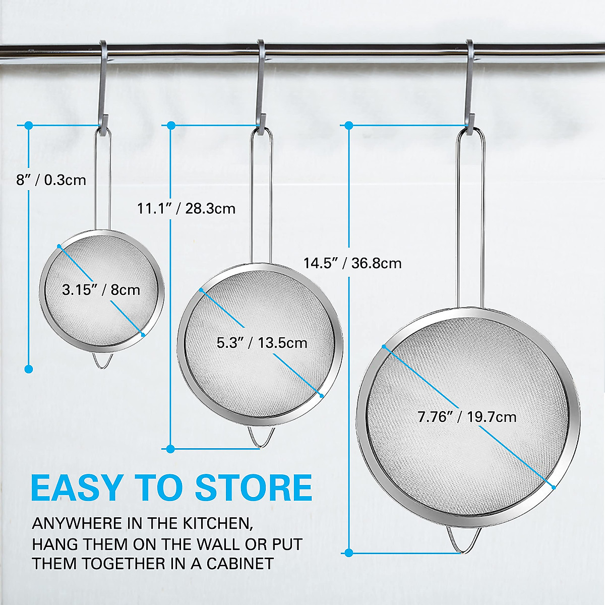 Hamilton Beach Fine Mesh Strainer - Stainless Steel Fine Mesh Sieve - Set of 3 Strainers for Baking, Pasta, Rice, Flour & Vegetable, Tea Sifter, Food Strainer with Long Handle - Perfect Kitchen Tool