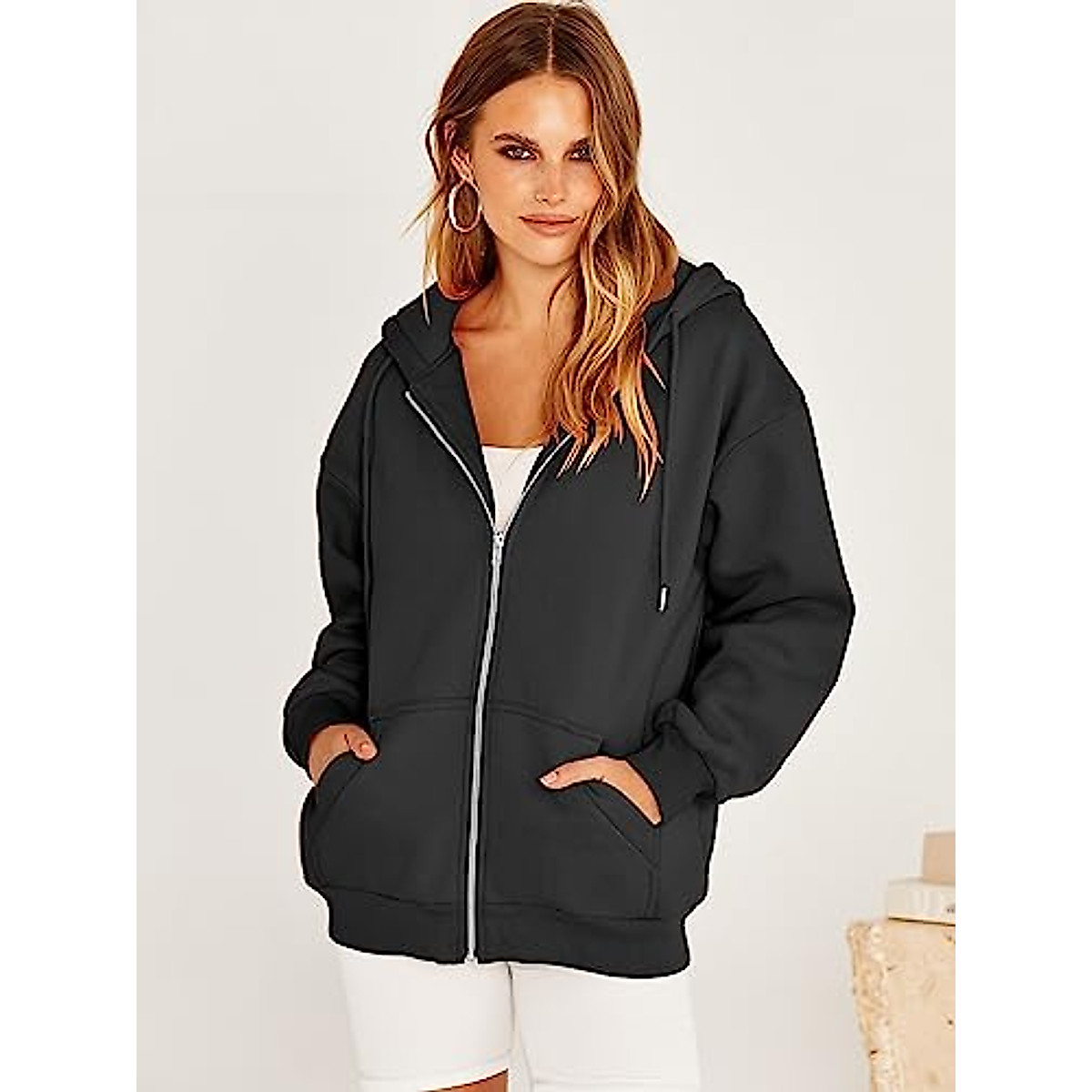 Prinbara Women's Sweater Trendy Hoodies Cute Jacket Casual Long Sleeve Fleece Sweatshirts Zip Up Y2k Clothes Teen Girl Tops 9PA89-heise-XS Black