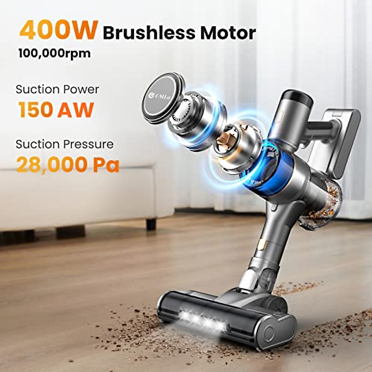 UMLo Cordless Vacuum Cleaner, 400W Stick Vacuum with 28Kpa Powerful Suction, Smart Induction Auto-Adjustment, 55min Runtime,6 in 1 Lightweight Vacuum with LED Display for Carpet Hard Floor Pet Hair-S9
