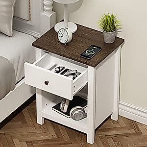 ChooChoo Farmhouse End Table with Drawer, White Bedside Table with Storage Cabinet for Bedroom, Wooden Nightstand Side Table Living Room