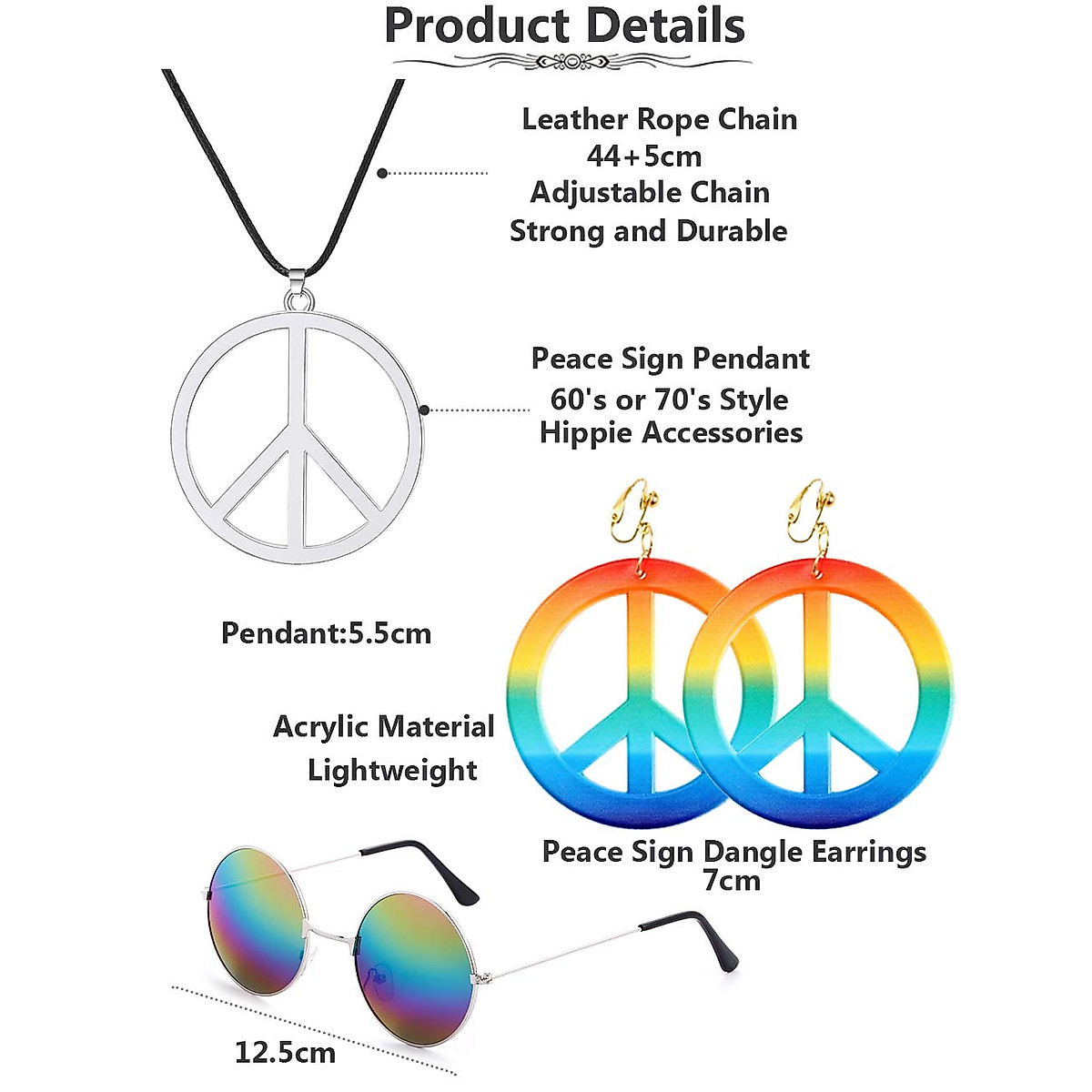 VALIJINA Hippie Costume Set Sunglasses Peace Sign Earrings Tie Dye Headband Bandana 60s or 70s Hippie Accessories